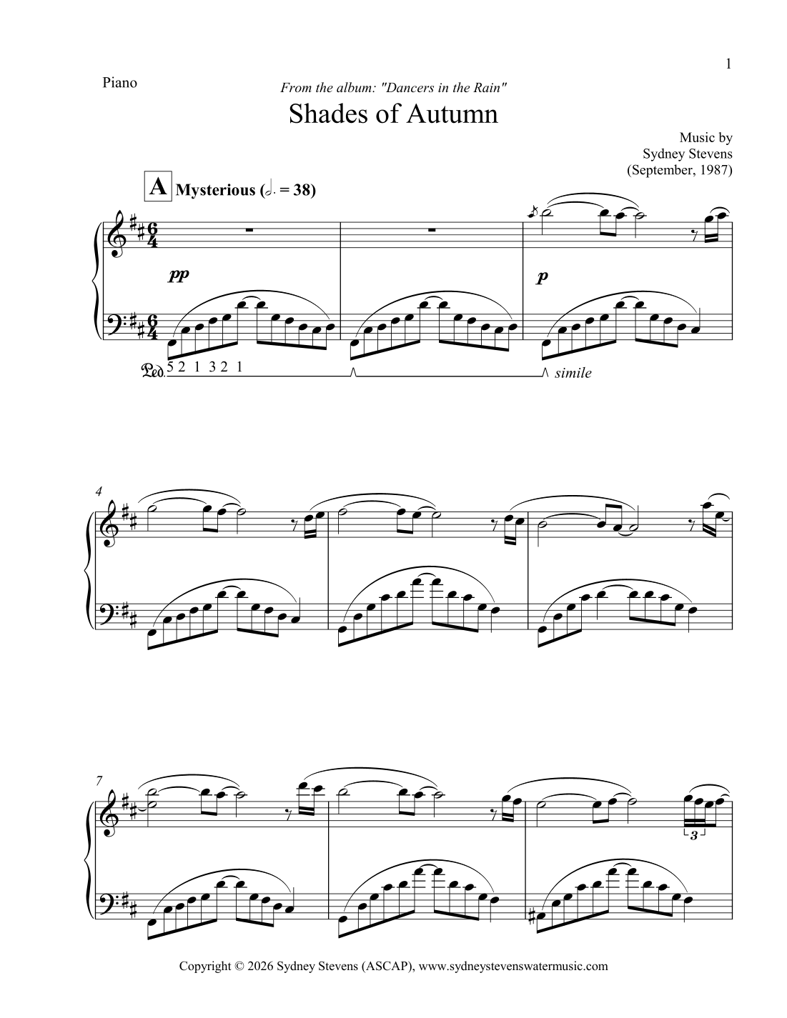 Shades of Autumn (Piano Solo) by Sydney Stevens Sheet Music for ...