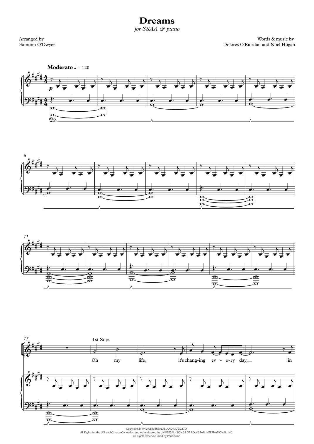Dreams (arr. Eamonn O'Dwyer) von The Cranberries Noten zum Chor SSAA ...