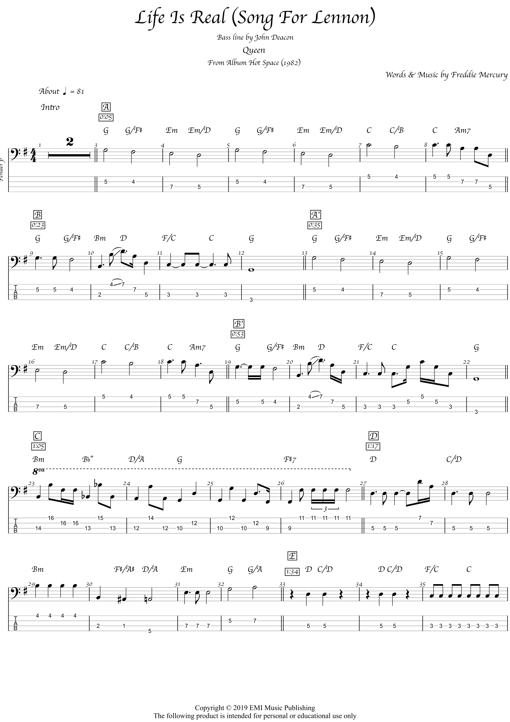 Life Is Real (song For Lennon) (arr. Igor Sardi Bass) Partituras ...