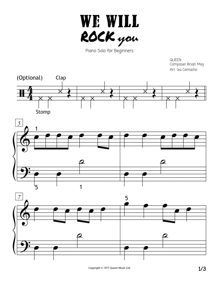 We Will Rock You (arr. Iza Camacho F.) by Queen Sheet Music for Piano ...