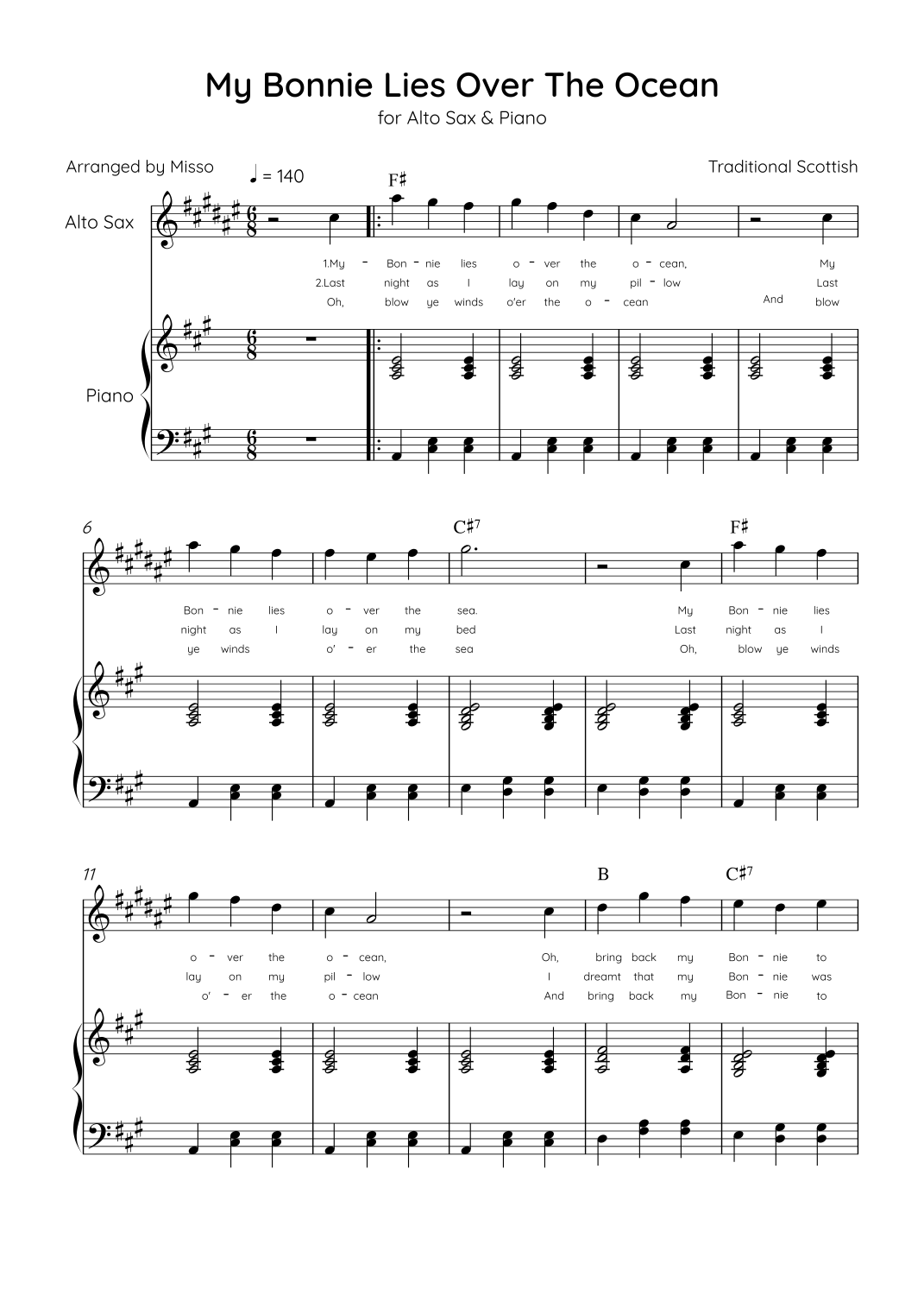 My Bonnie Lies Over The Ocean - Alto Sax & Piano in A Major Easy With ...