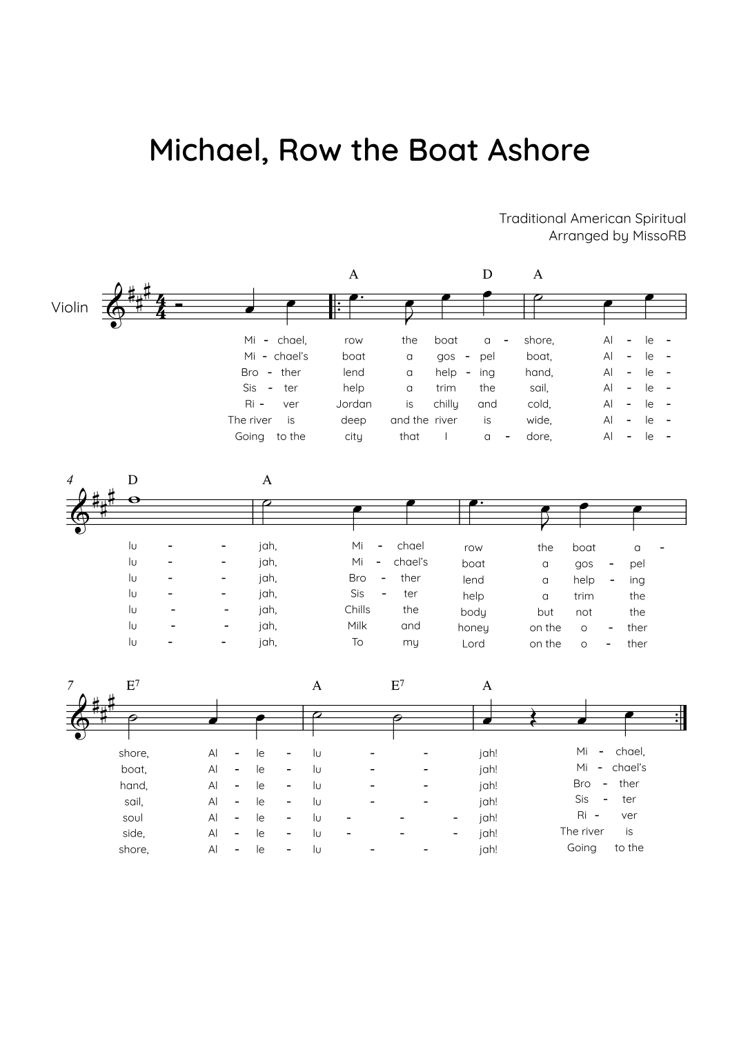 Michael, Row the Boat Ashore - Violin in A With Chords & Lyric - Easy ...