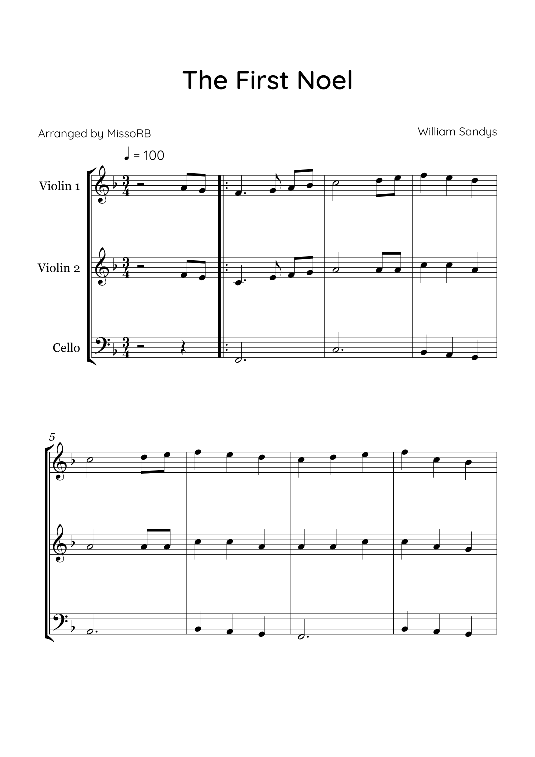 The First Noel - Violin & Cello Duet in F Major (Easy) (arr. MissoRB ...