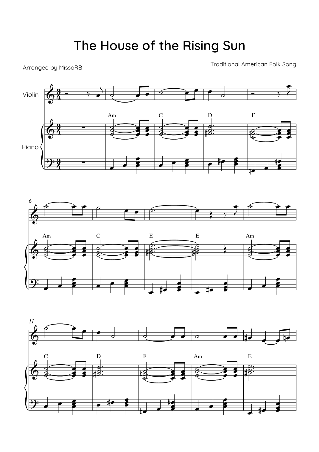 The House of the Rising Sun - Violin & Piano in Am With Chords - Easy ...