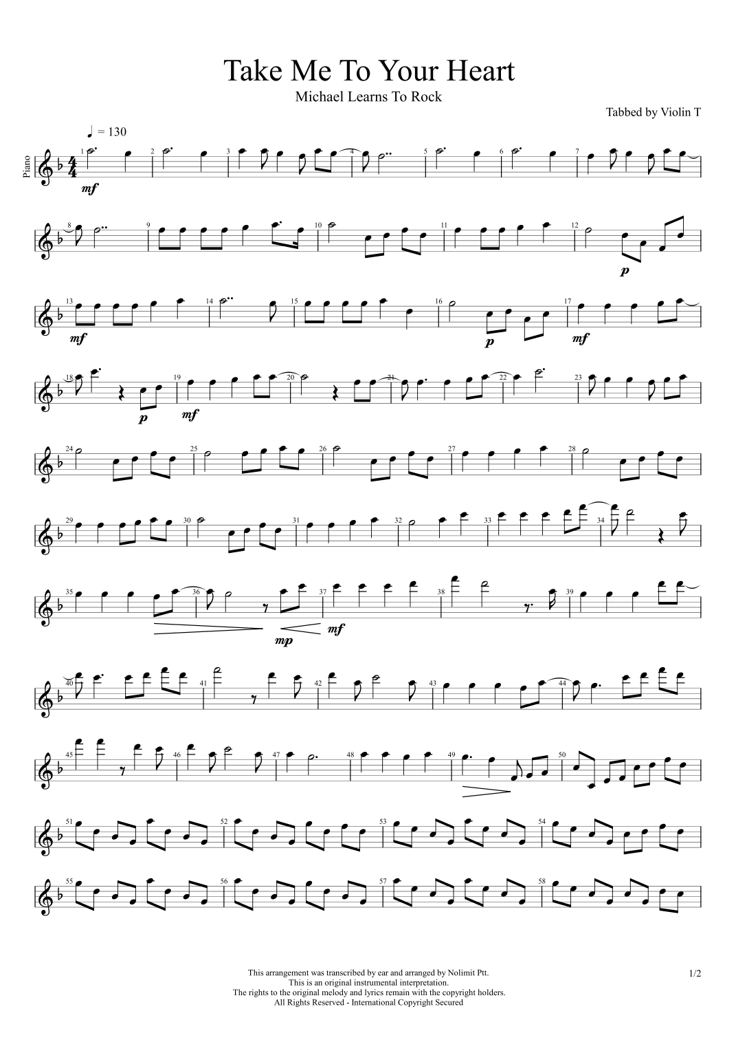 Take Me To Your Heart (arr. Violin T by Mïchael Learns to Rock Sheet ...