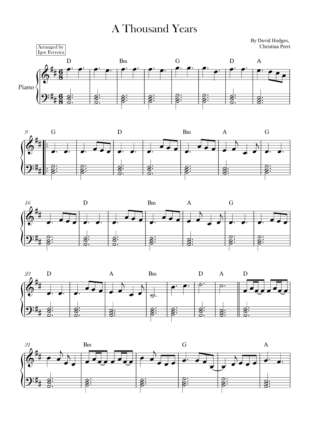 A Thousand Years (arr. Igor Ferreira) by Christina Perri Sheet Music ...