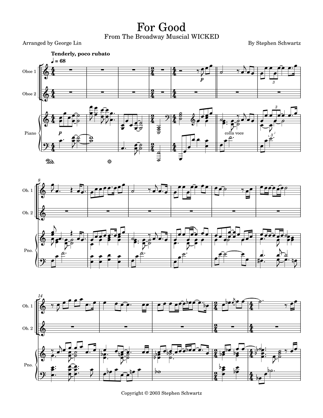 For Good (arr. George Lin) by Stephen Schwartz Sheet Music for Oboe ...