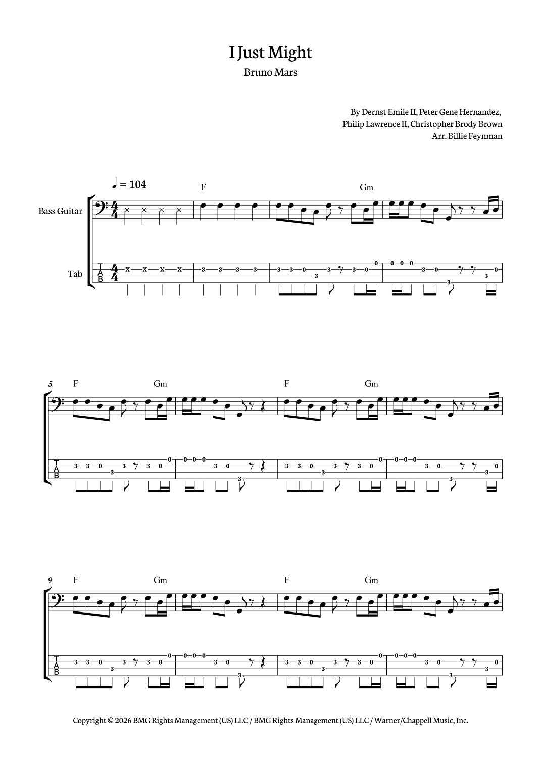 I Just Might (arr. Billie Feynman) by Bruno Mars Sheet Music for Bass ...