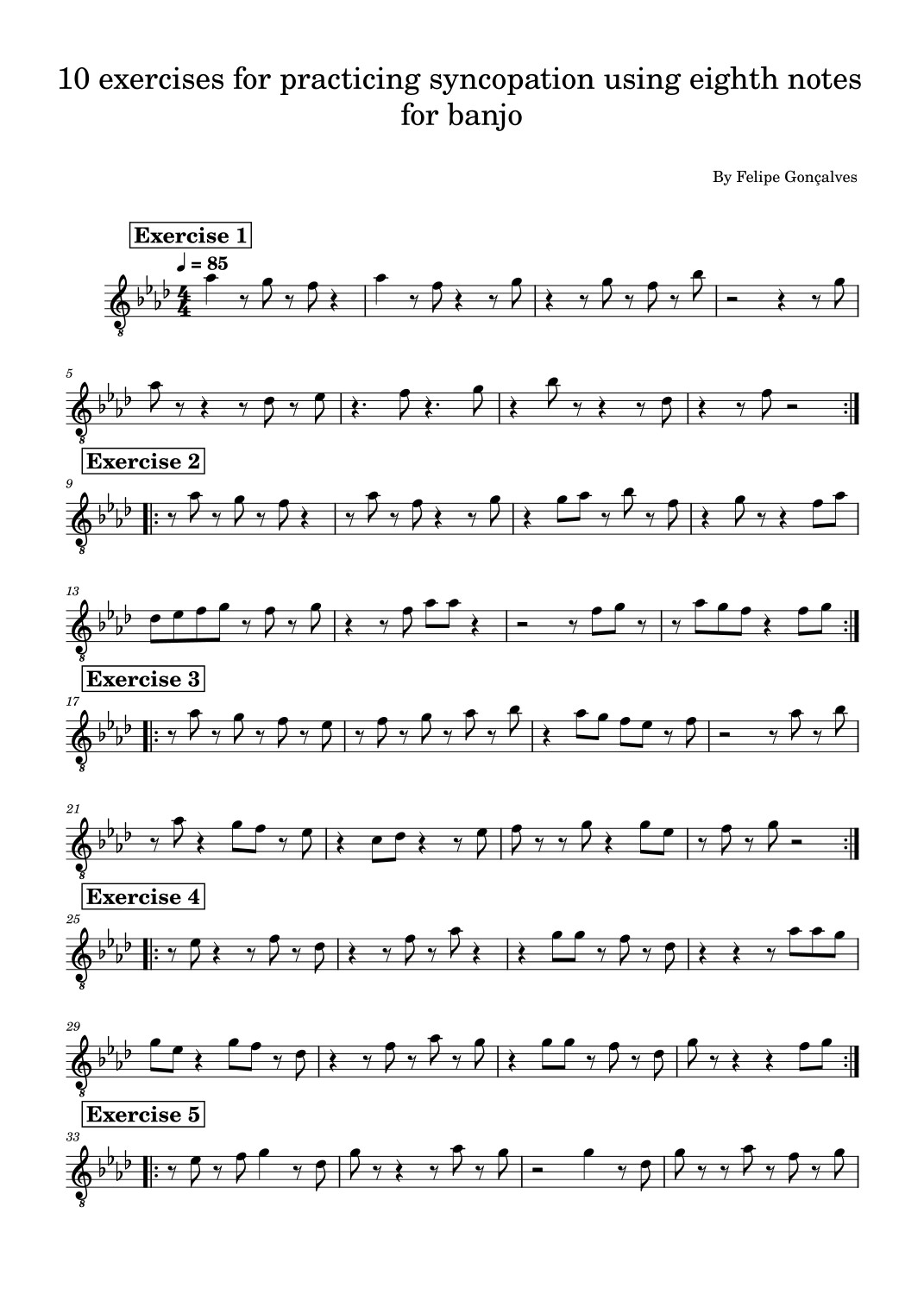 10 exercises for syncopation using eighth notes for banjo in G# major ...