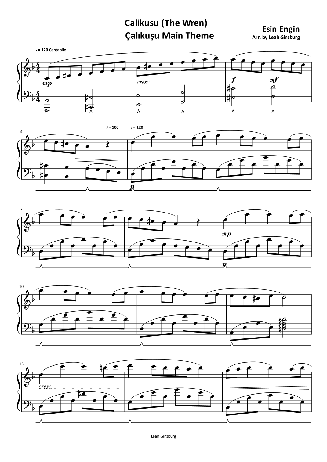 Calikusu (arr. Leah Ginzburg) by Esin Engin Sheet Music for Piano Solo ...