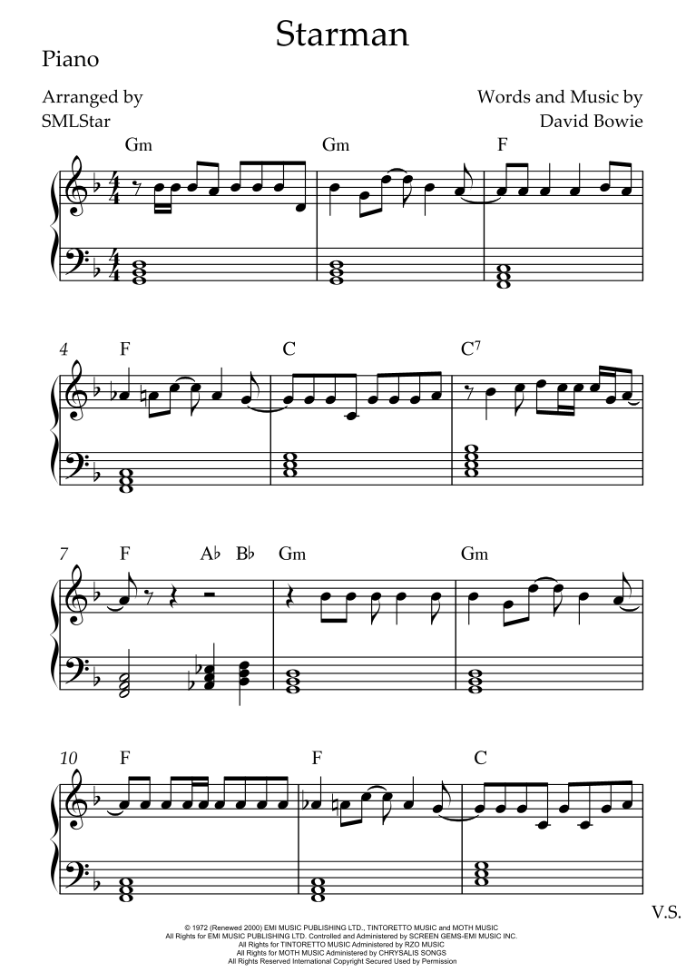 Starman arr SMLStar By David Bowie Sheet Music For Easy Piano At