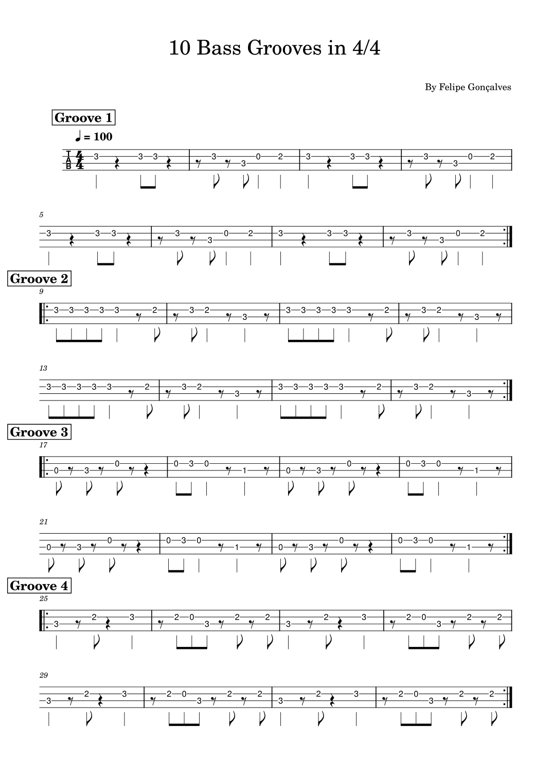 Tablature with 10 grooves for 4-string bass in E tuning in 4/4 and the ...