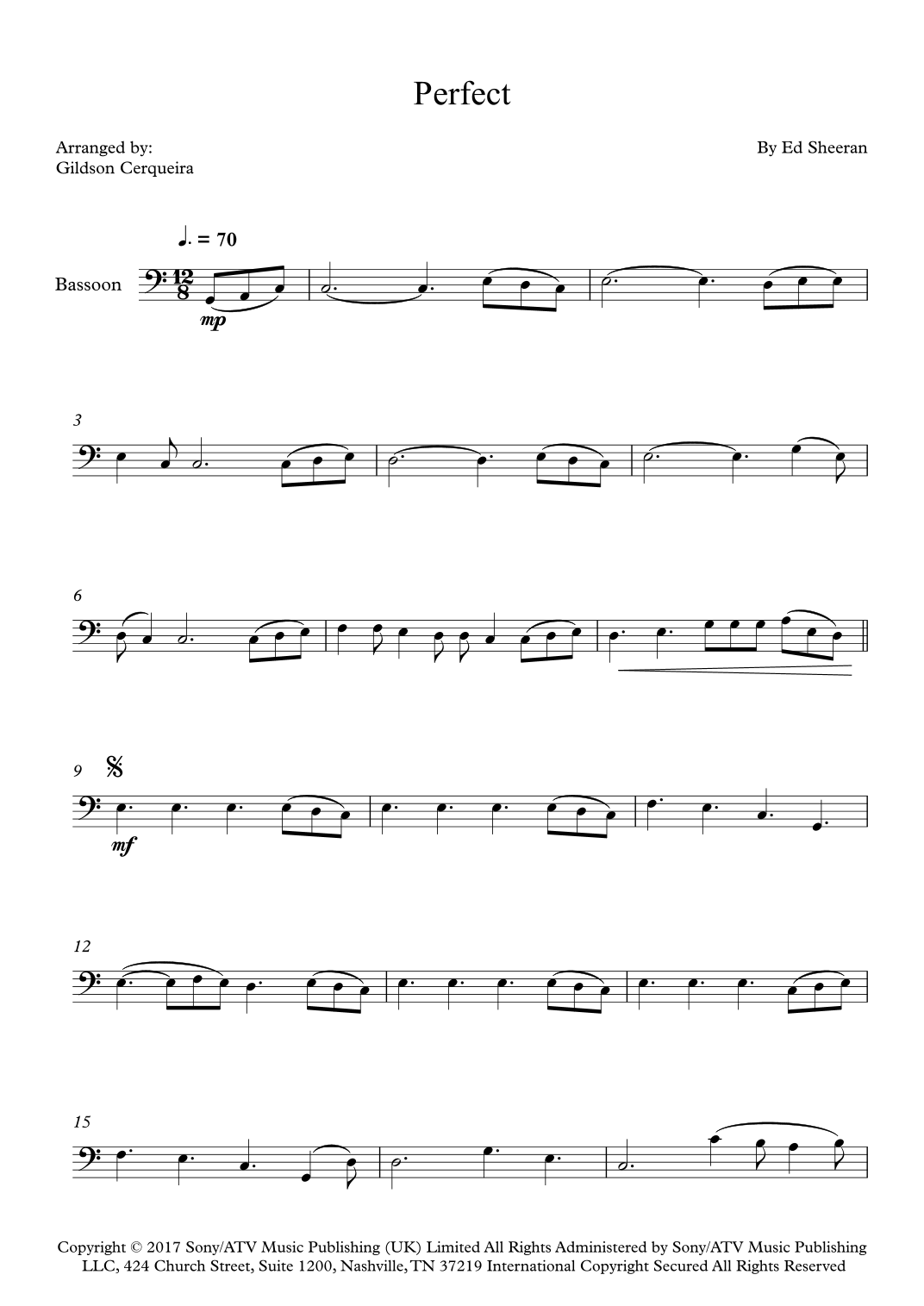 Perfect (arr. Gildson Cerqueira) by Ed Sheeran Sheet Music for Bassoon ...