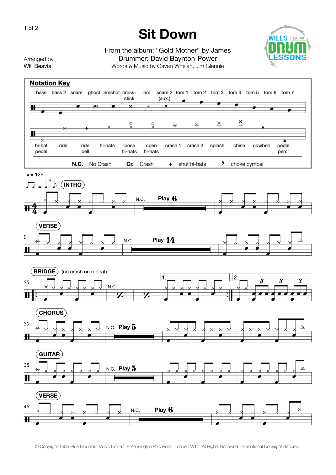 Sit Down (arr. Will Beavis) by James Sheet Music for Drums at Sheet ...