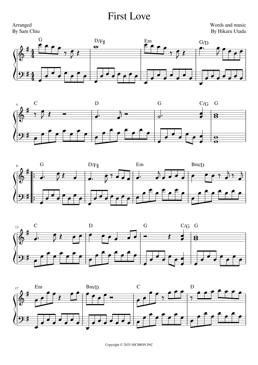 First Love (arr. Sam Chiu) by Hikaru Utada Sheet Music for Piano Solo ...