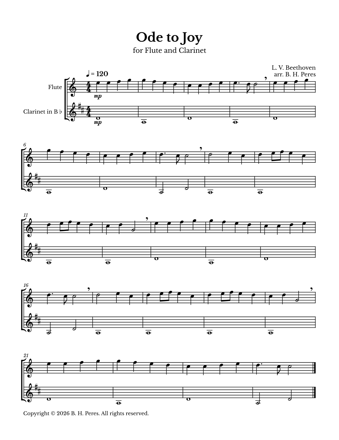 Ode to Joy - Beginner Flute and Clarinet - C Major (arr. B. H. Peres ...