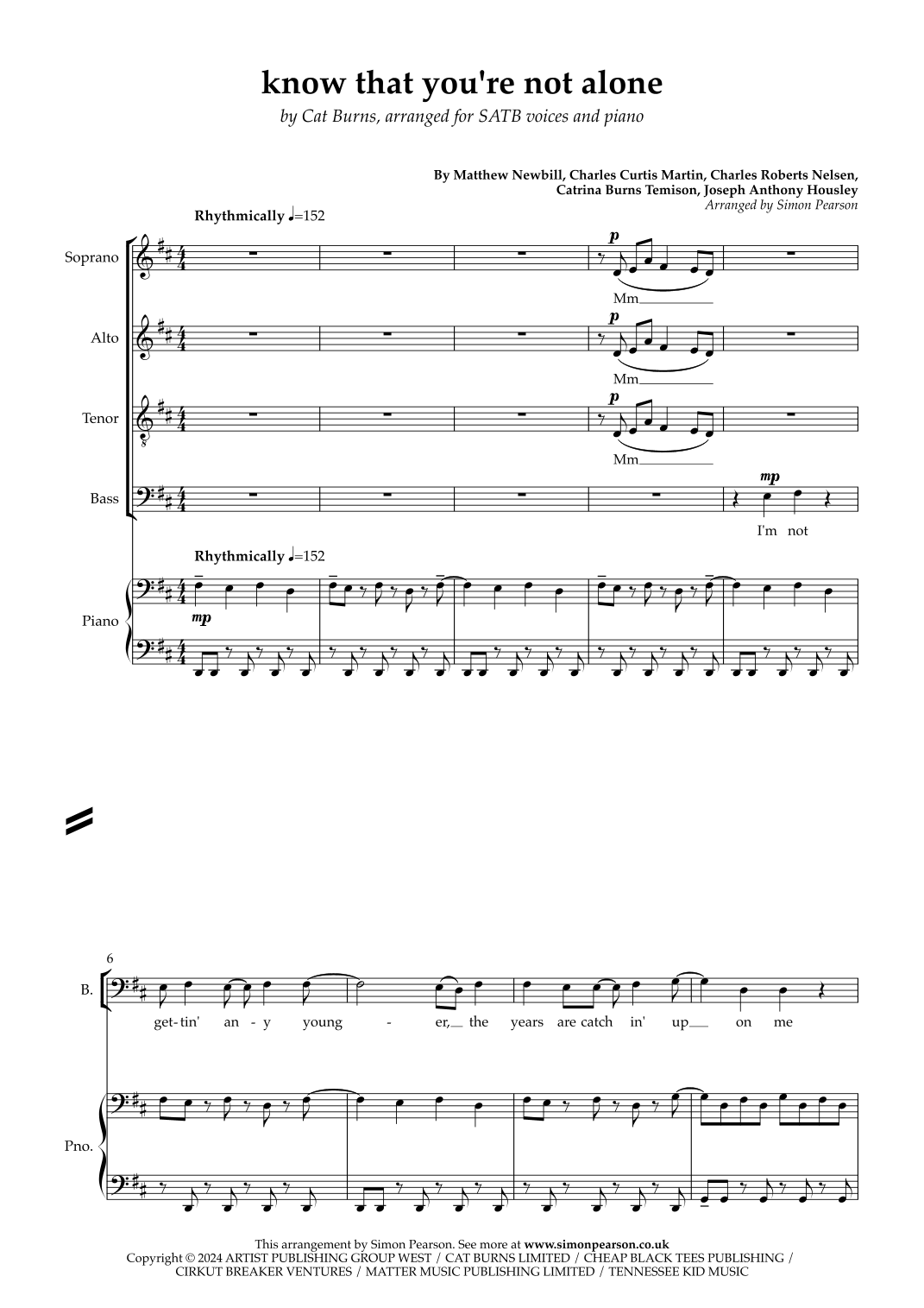 Know That You're Not Alone (arr. Simon Pearson) by Cat Burns Sheet ...
