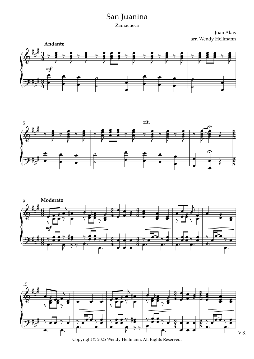 San Juanina (arr. Wendy Hellmann) by Juan Alais Sheet Music for Piano ...