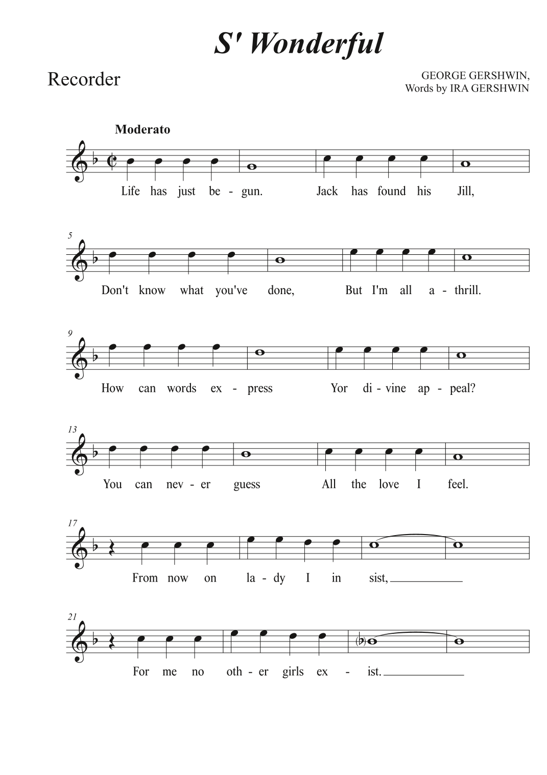 S' Wonderful - Easy Recorder (arr. Avgusta Udartseva) by George ...