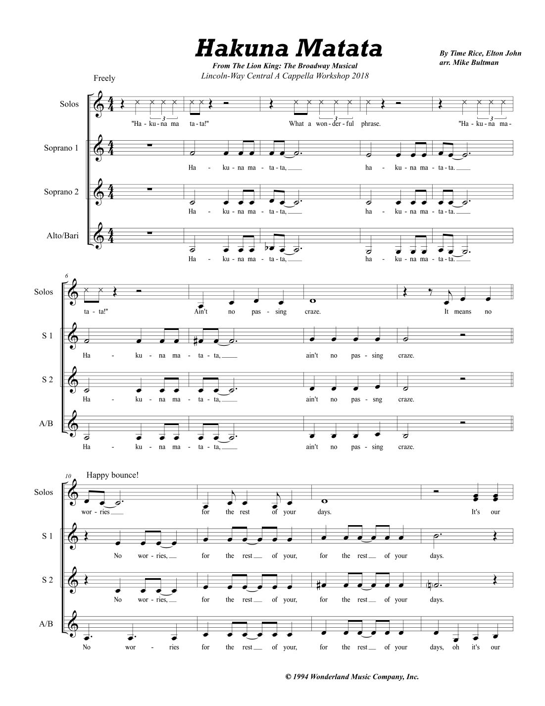 Hakuna Matata (arr. Mike Bultman) by Jimmy Cliff Featuring Lebo M Sheet ...