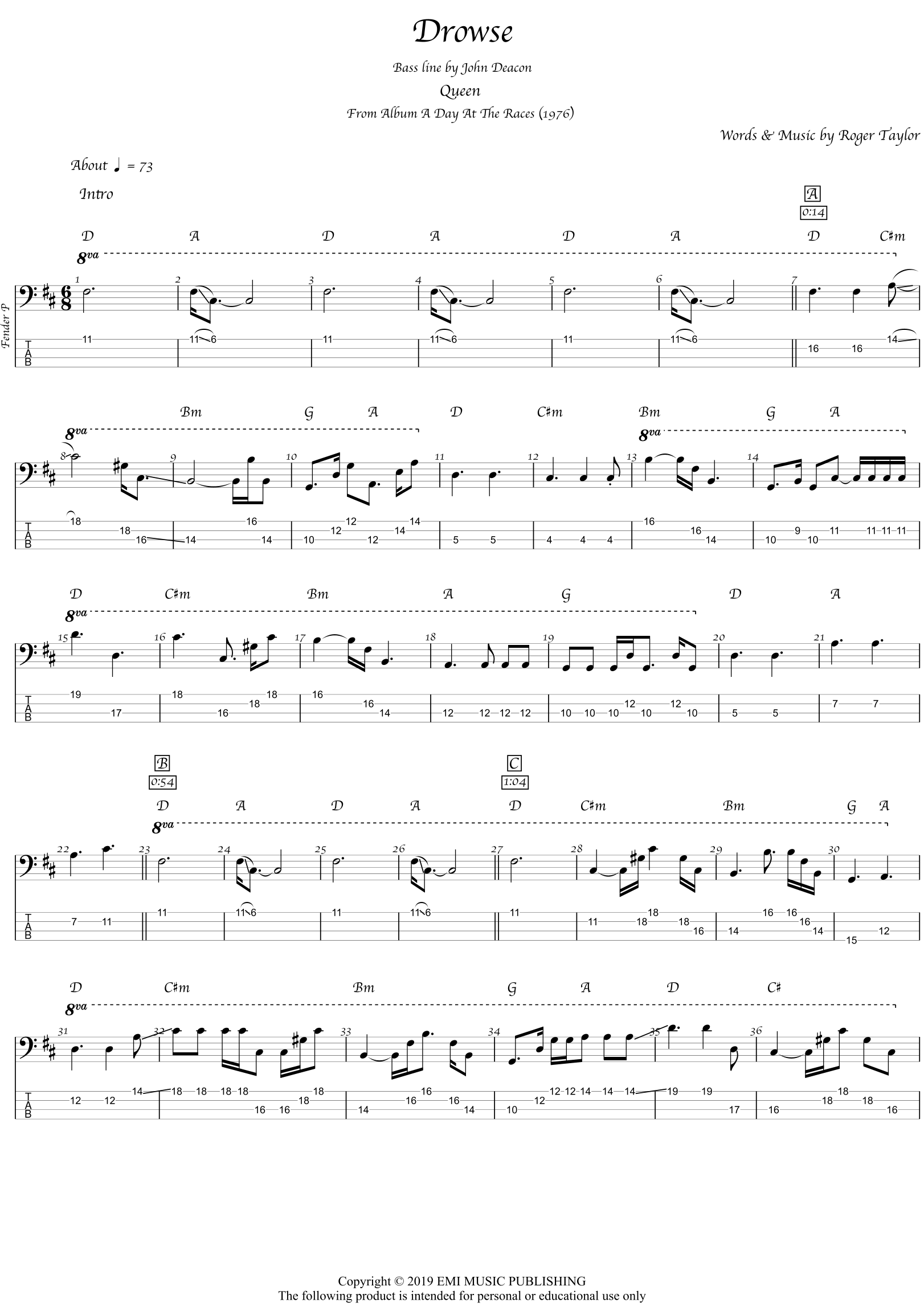Drowse (arr. Igor Sardi Bass) Sheet Music | Queen | Bass Guitar Tab