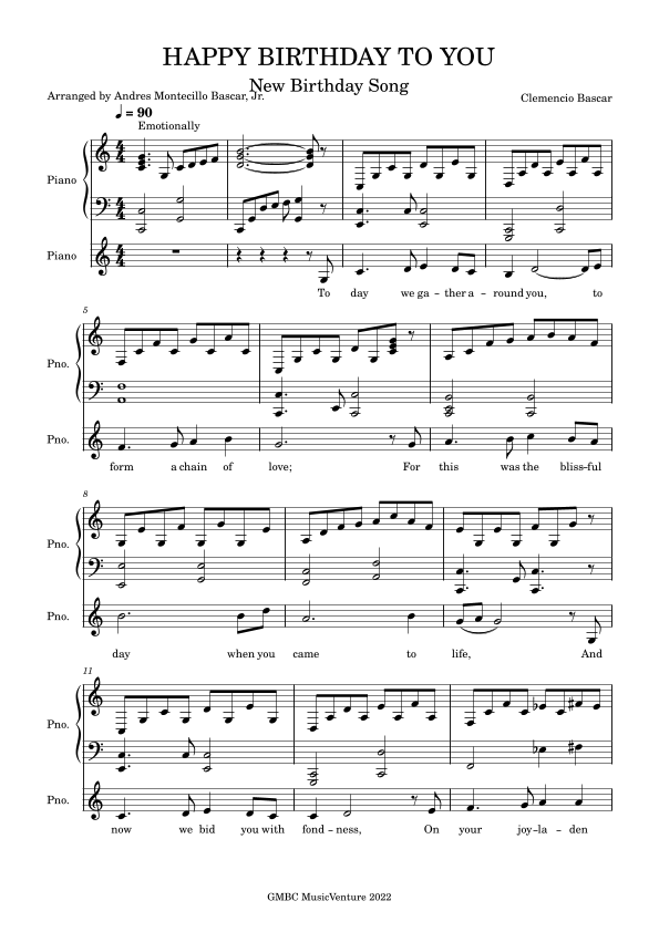 Happy Birthday to You (Original) Sheet Music | Clemencio M. Bascar ...
