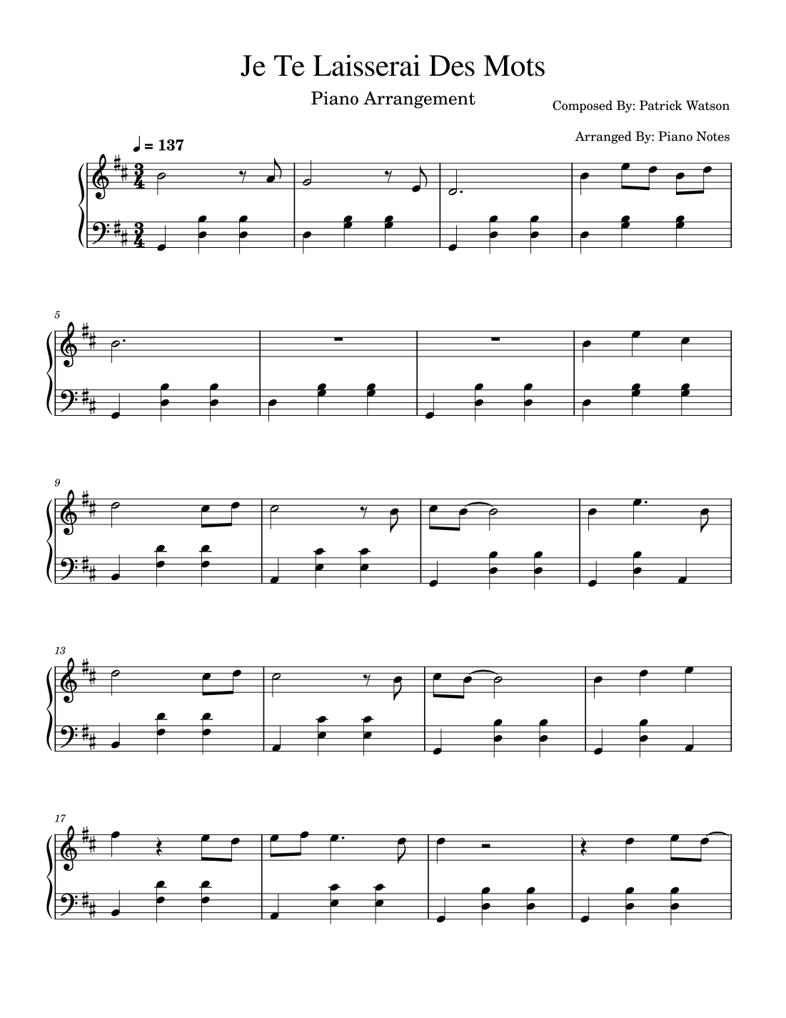 Je Te Laisserai Des Mots (arr. Piano Notes) par Patrick Watson ...