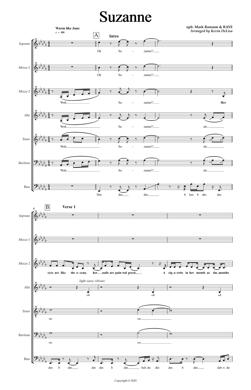 Suzanne (arr. Kevin DeLisa) by Mark Ronson Raye Sheet Music for SATB ...