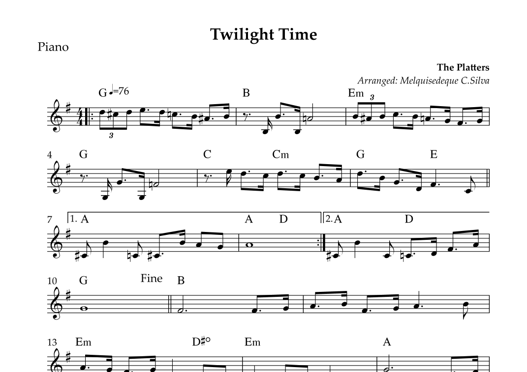 Twilight Time (arr. Melquisedeque C.Silva) by The Platters Sheet Music ...