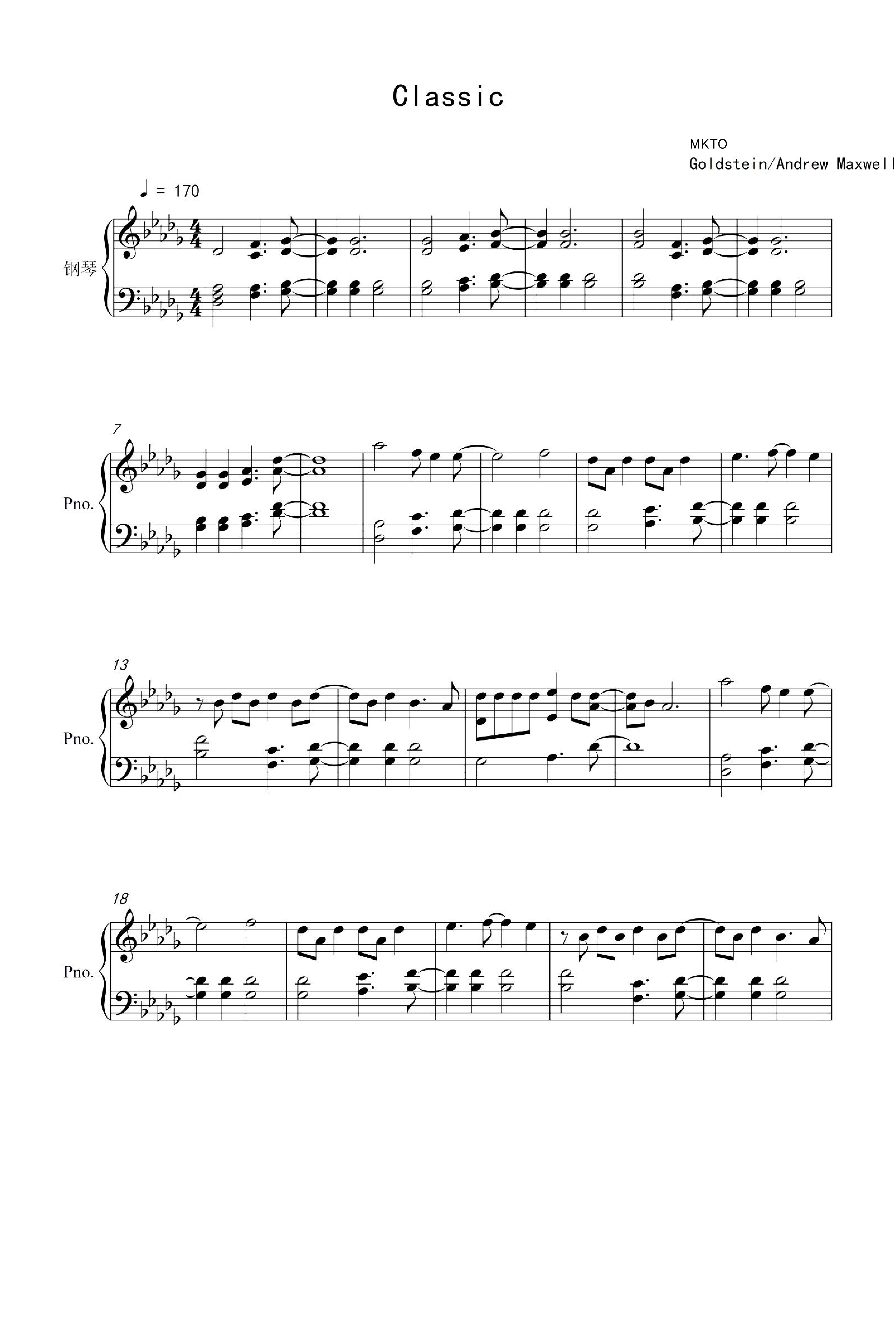 Classic (arr. MKTO) by MKTO Sheet Music for Piano Solo at Sheet Music ...