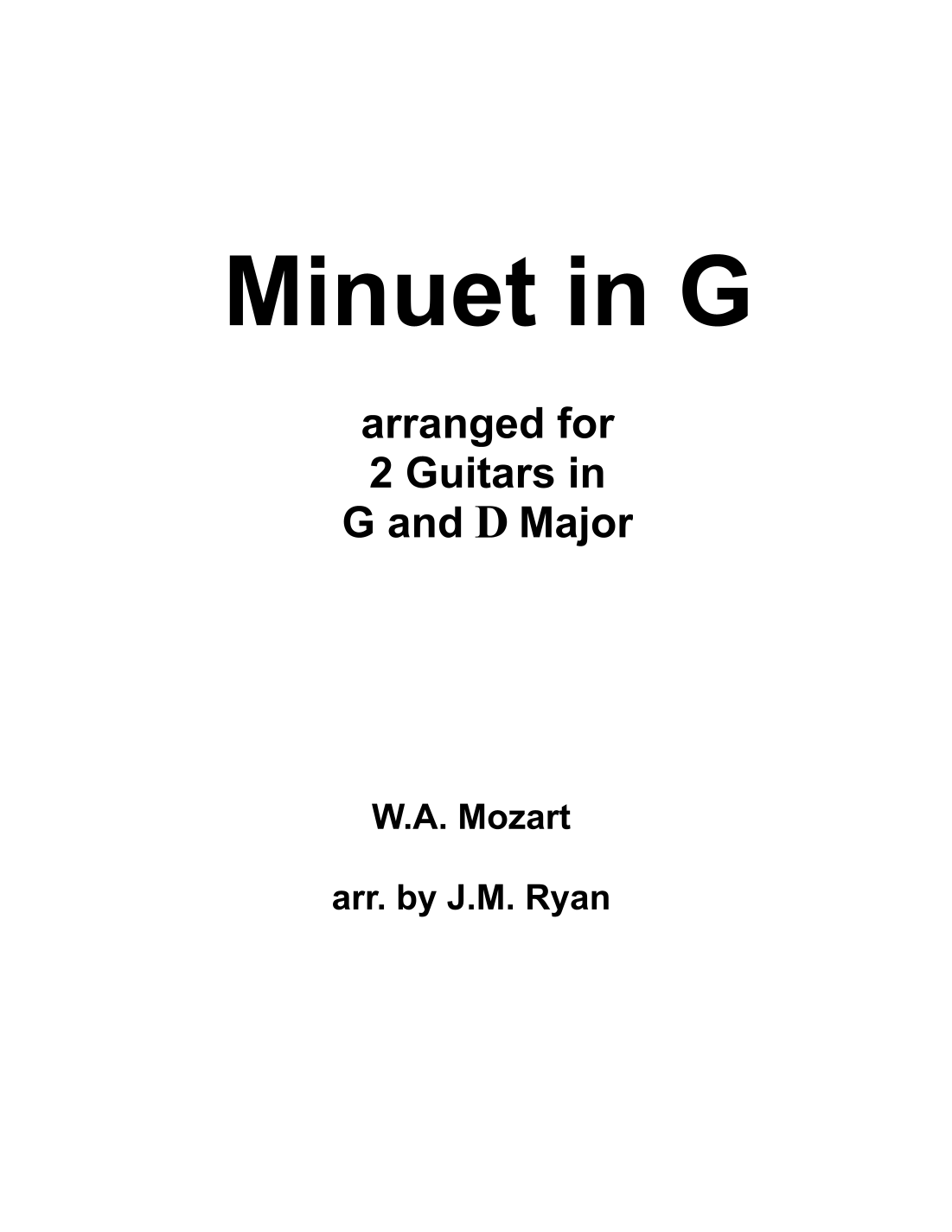 Minuet in G arranged for 2 Guitars in Perfect 4ths (D and G Major) (arr ...