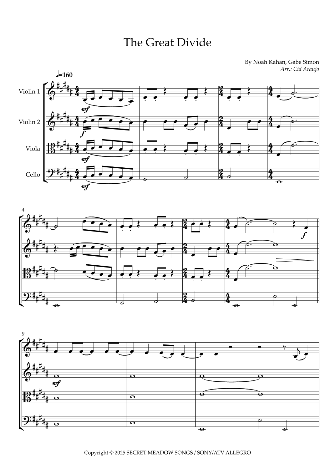 The Great Divide (arr. Cid Araujo) by Noah Kahan Sheet Music for String ...