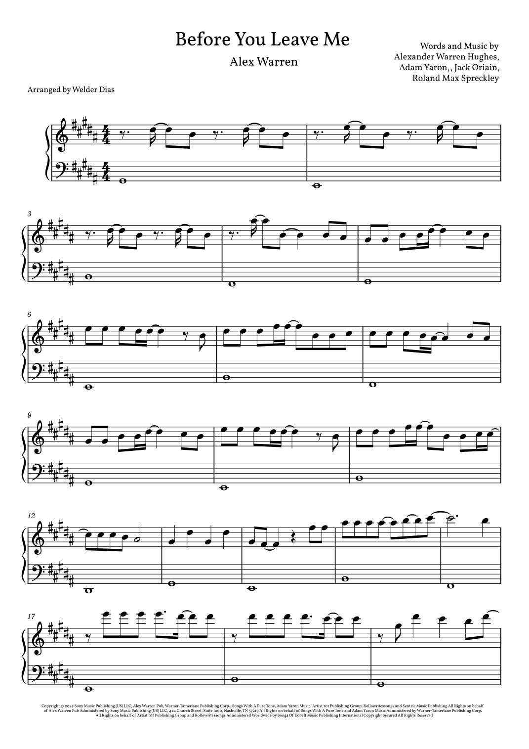 Before You Leave Me (arr. Welder Dias) by Alex Warren Sheet Music for ...