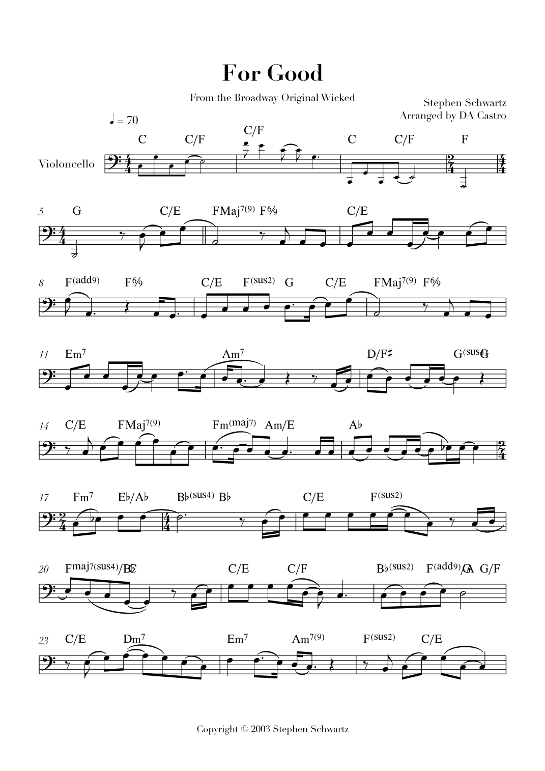 For Good (arr. DA Castro) by Stephen Schwartz Sheet Music for Cello ...