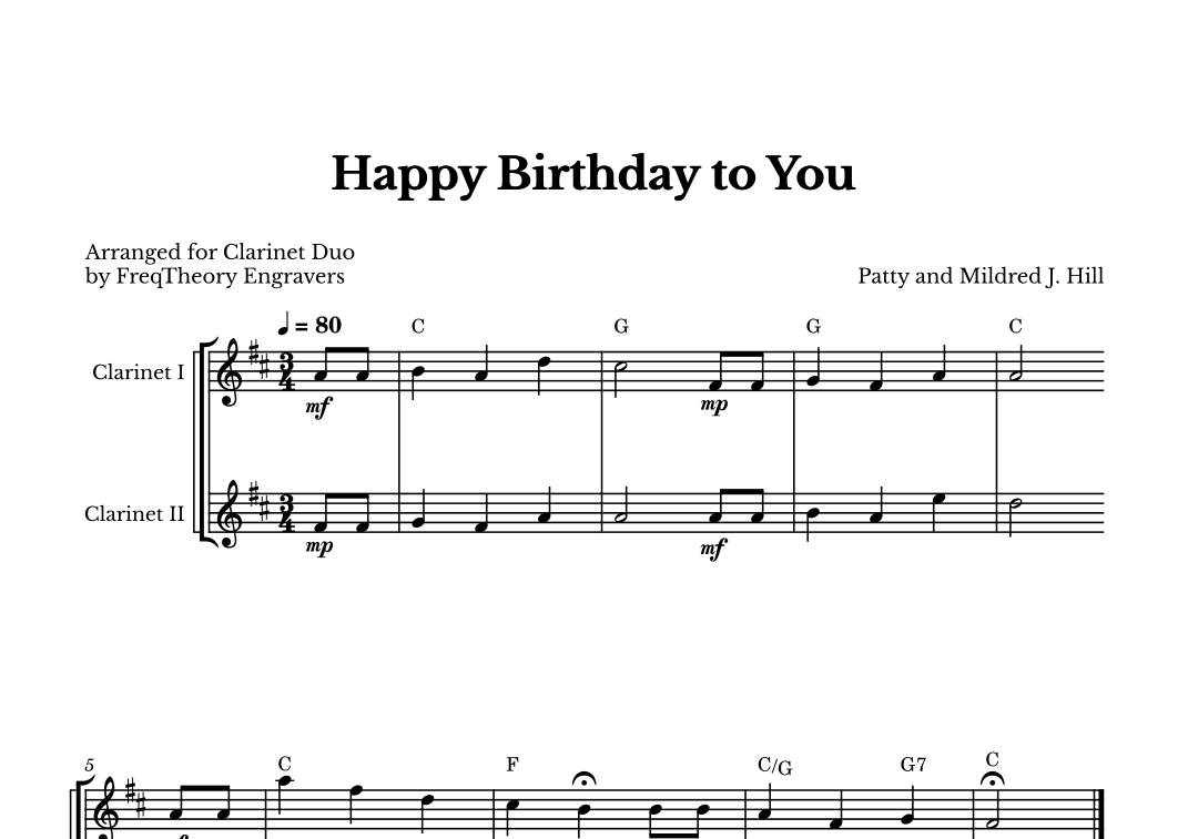 Happy Birthday to You - For Clarinet Duet (arr. FreqTheory Engravers ...