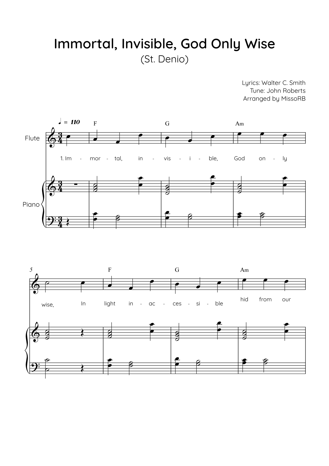 IMMORTAL, INVISIBLE, GOD ONLY WISE (ST. DENIO) - FLUTE WITH PIANO IN C ...