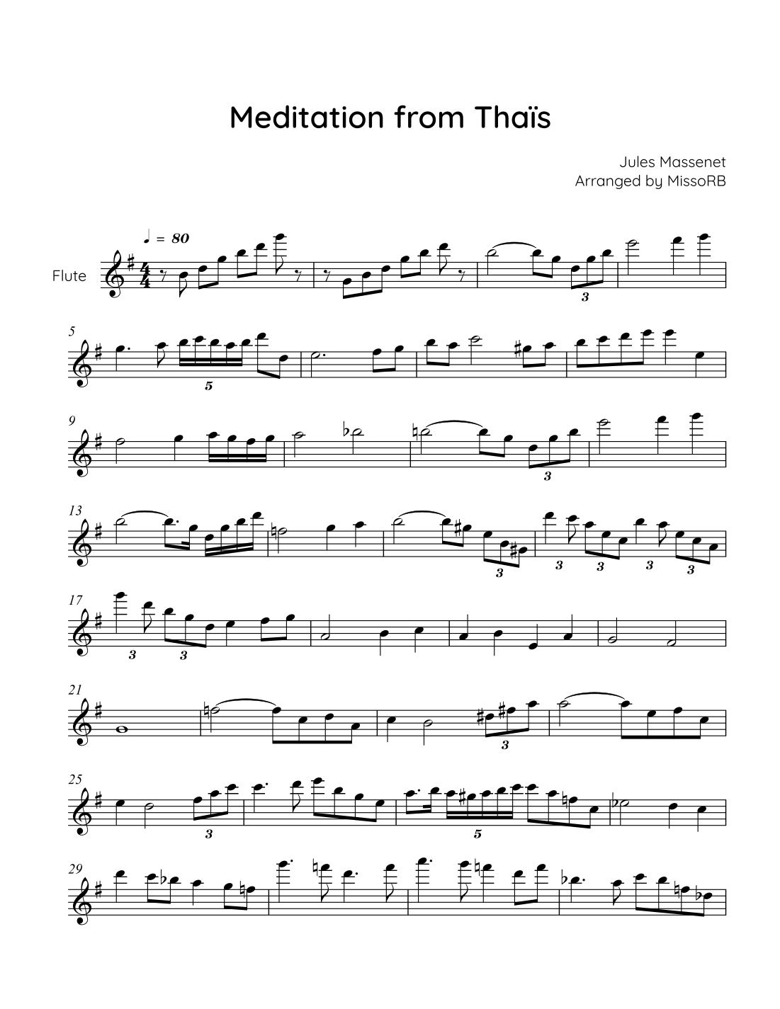 Meditation from Thaïs - Flute in G - Easy/Intermediate (arr. MissoRB ...