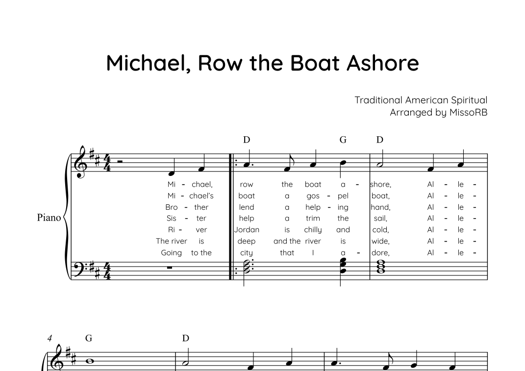 Michael, Row the Boat Ashore - Piano in D With Chords & Lyric - Easy ...