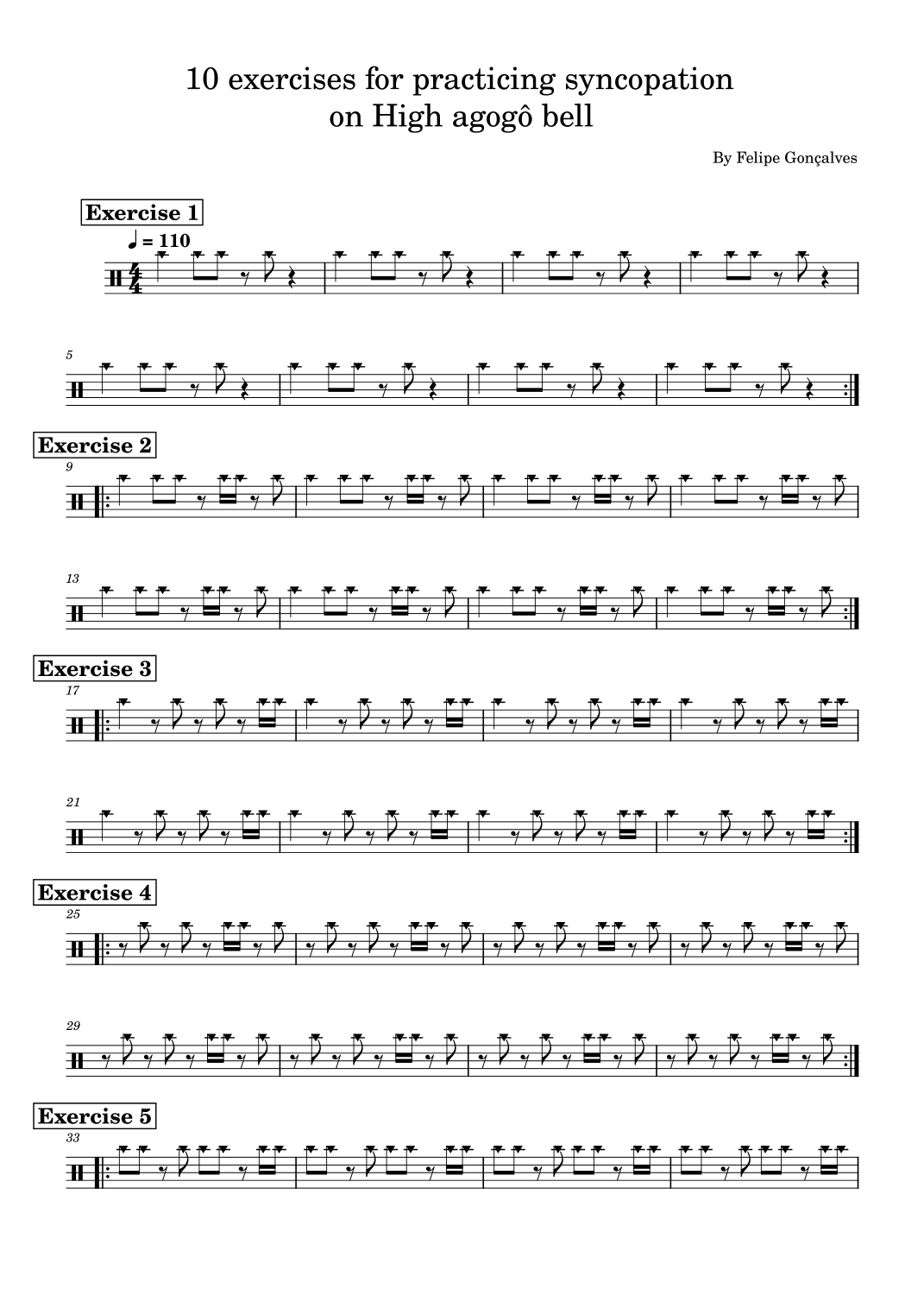 10 exercises for practicing syncopation on High agogô bell by Felipe ...