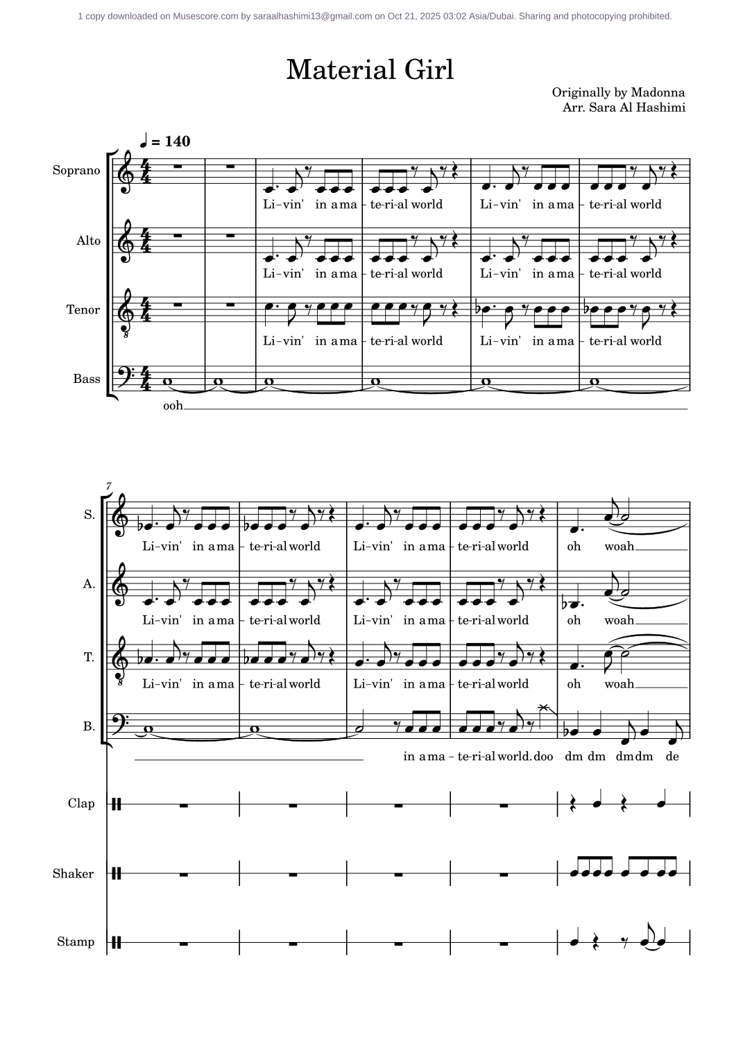 Material Girl (arr. Sara Al Hashimi) by Madonna Sheet Music for SATB ...