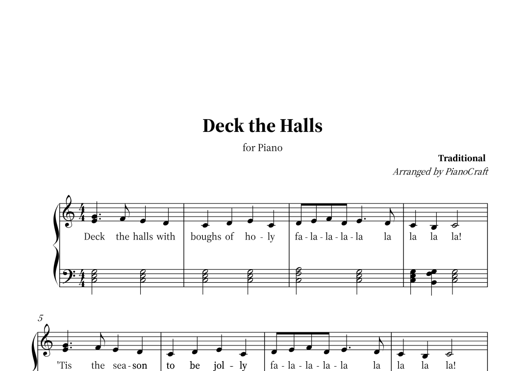 Deck the Hall (arr. Pianocraft) by Traditional Sheet Music for Easy ...