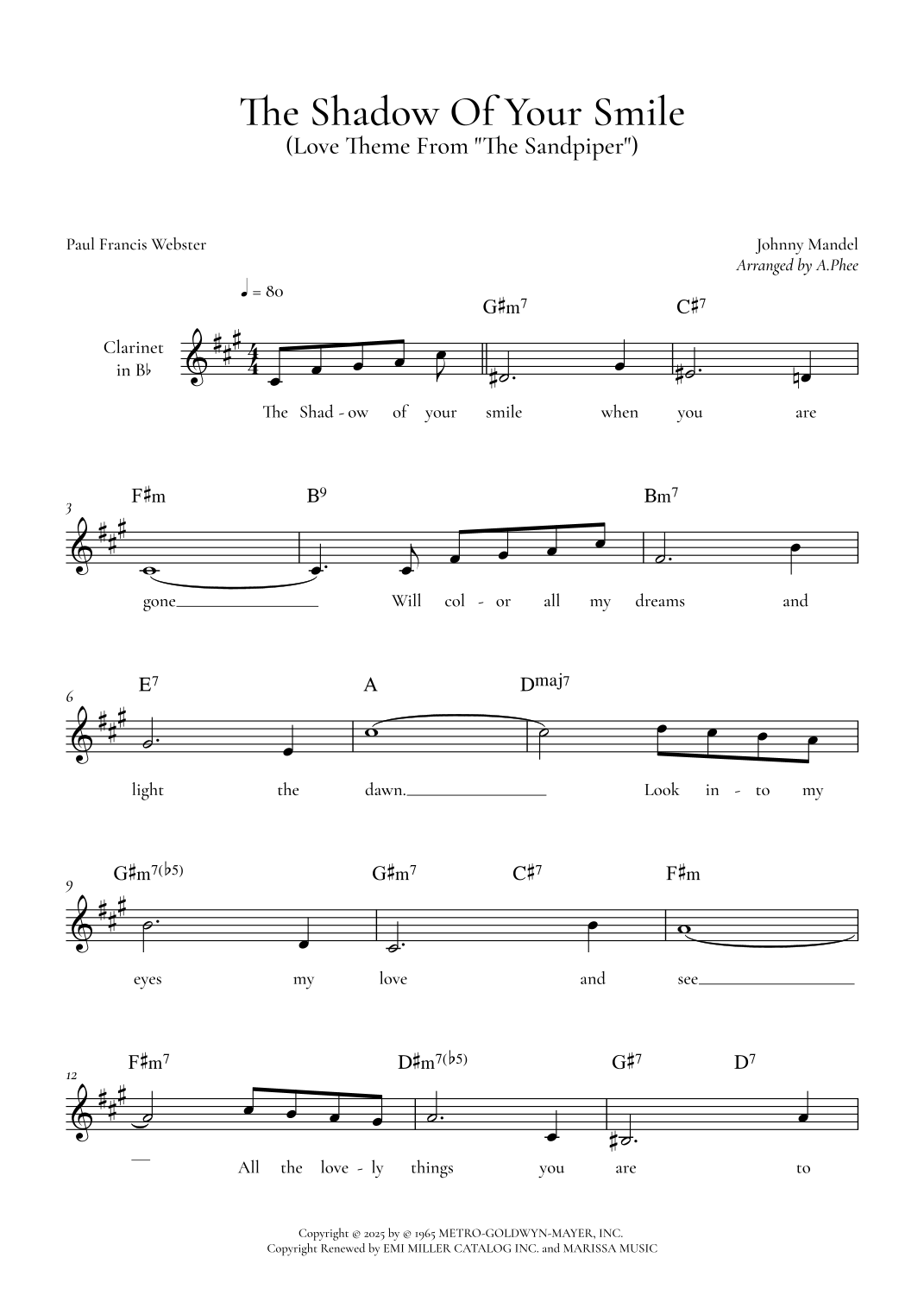 The Shadow Of Your Smile (arr. Phee) by Johnny Mandel Sheet Music for ...