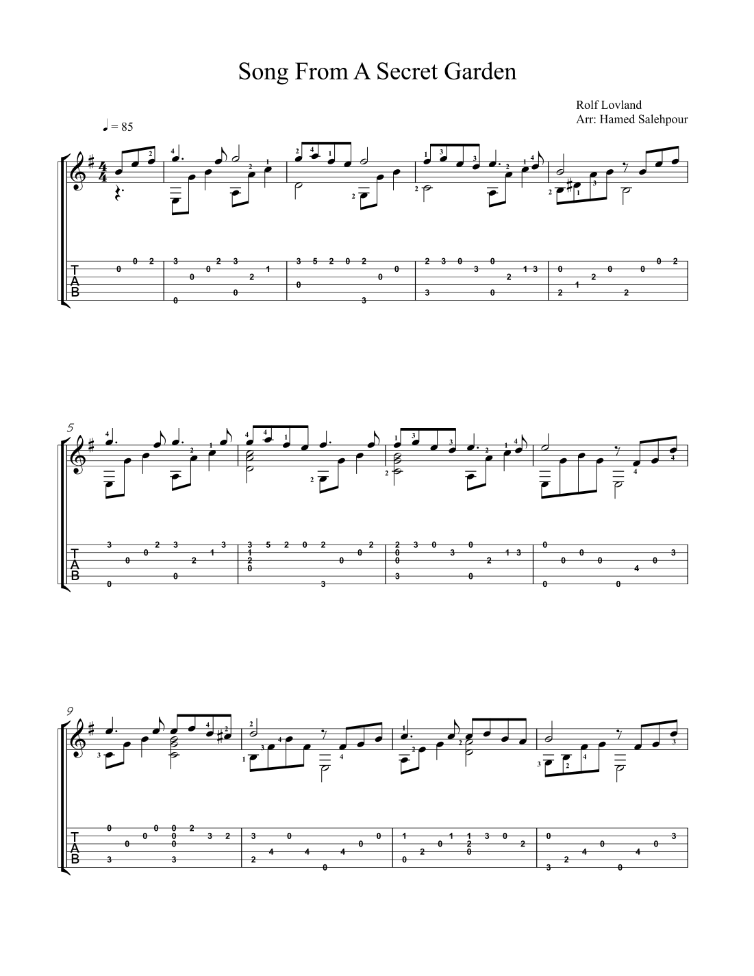 Song From A Secret Garden (arr. Hamed Salehpour) by Secret Garden Sheet ...