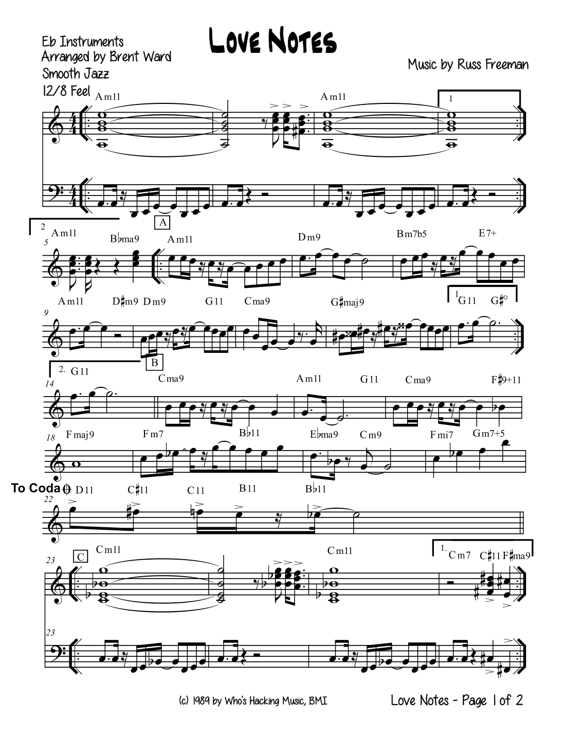 Love Notes (arr. Brent Ward) by Russ Freeman Sheet Music for Lead Sheet ...