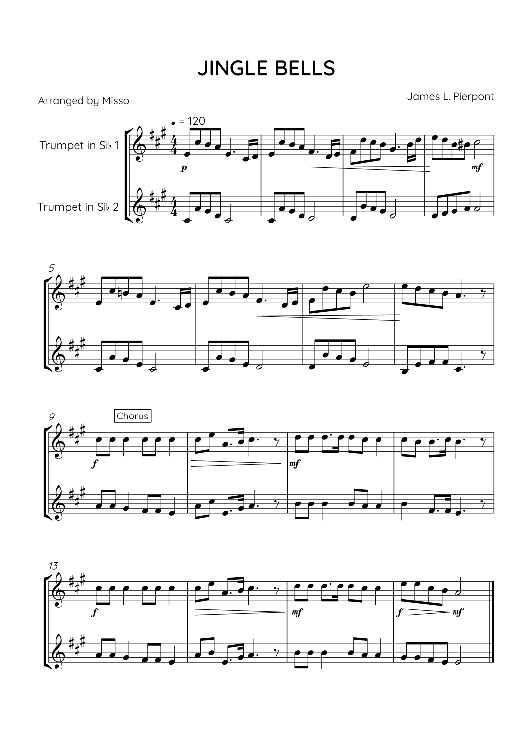 Jingle Bells - Trumpet Duet in G Major (Intermediate) (arr. MissoRB) by ...