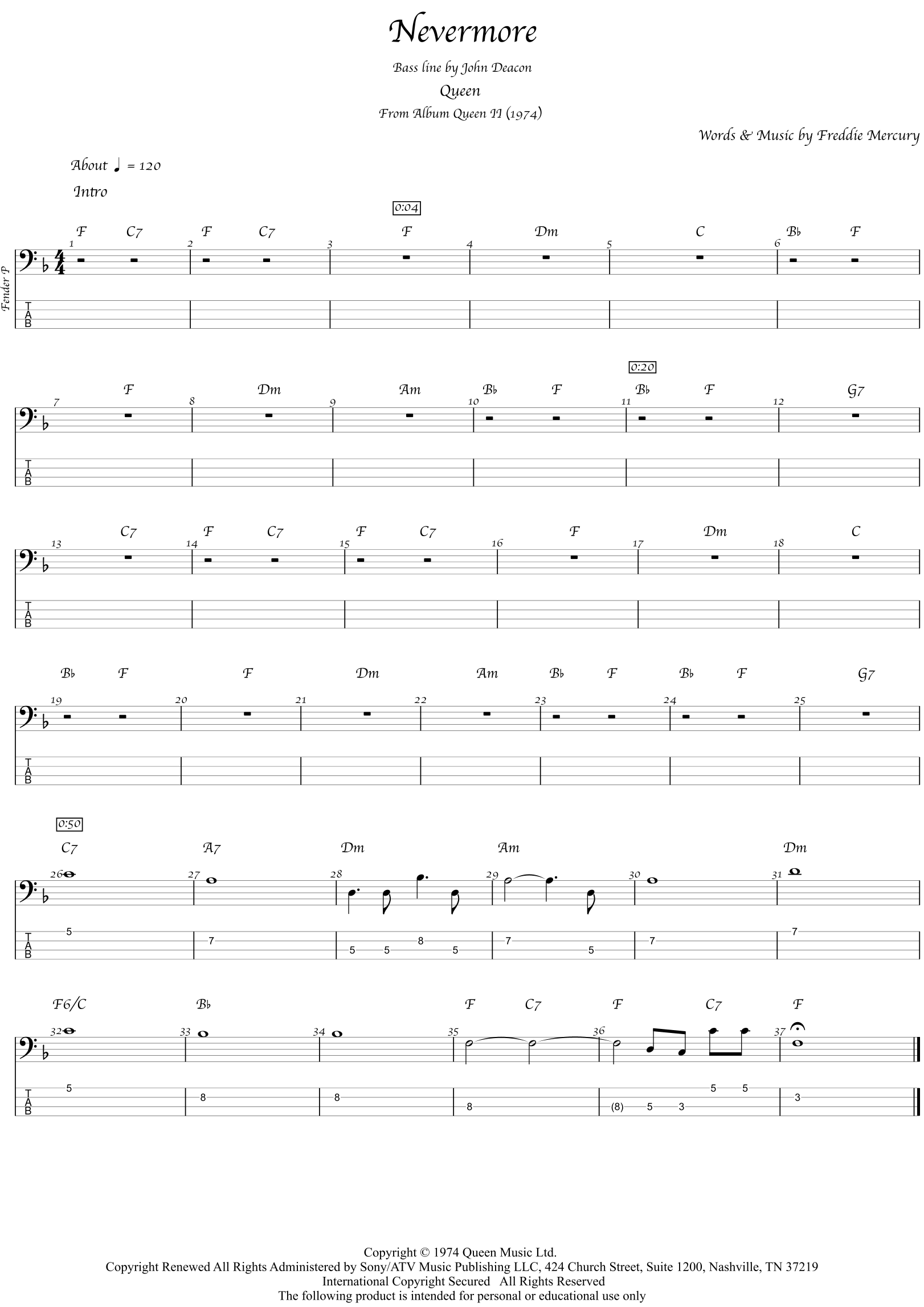 Nevermore (arr. Igor Sardi Bass) Sheet Music | Queen | Bass Guitar Tab
