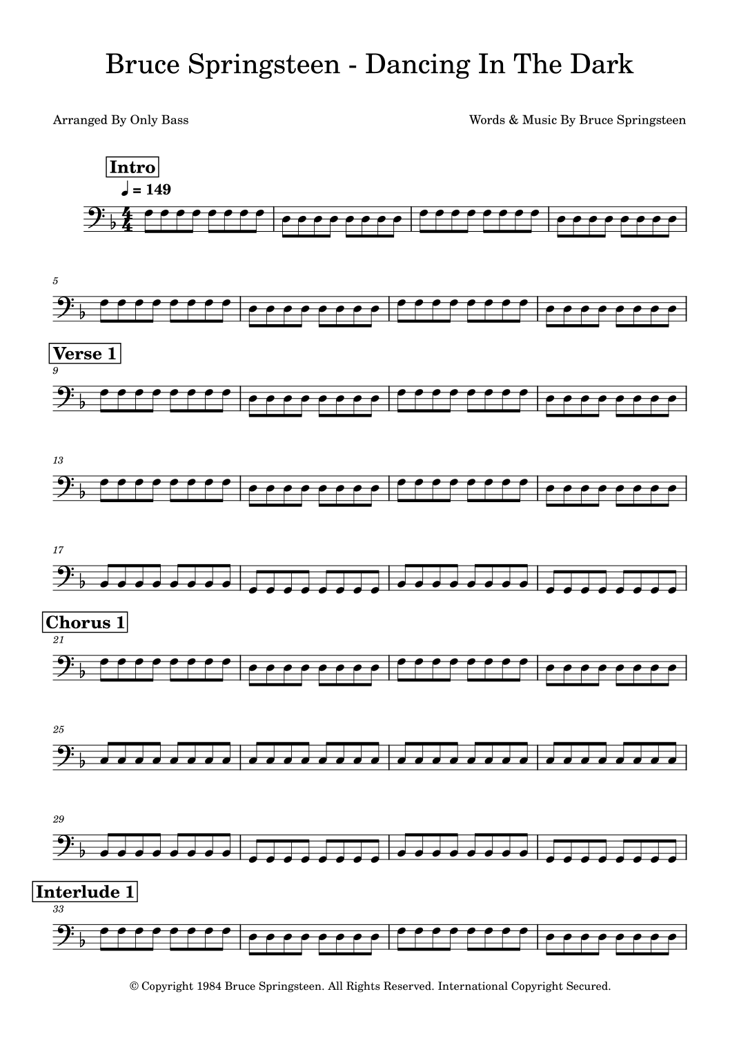 Dancing In The Dark (arr. Only Bass) by Bruce Springsteen Sheet Music ...