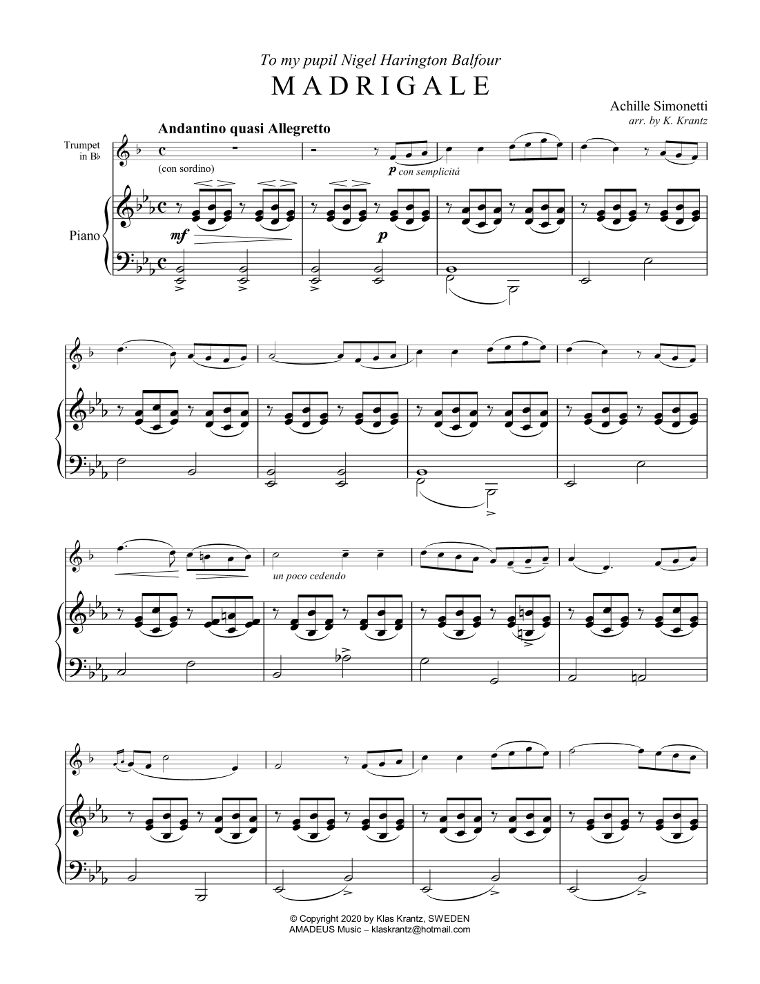 Madrigale for trumpet/clarient in Bb and piano (arr. K. Krantz) by A ...