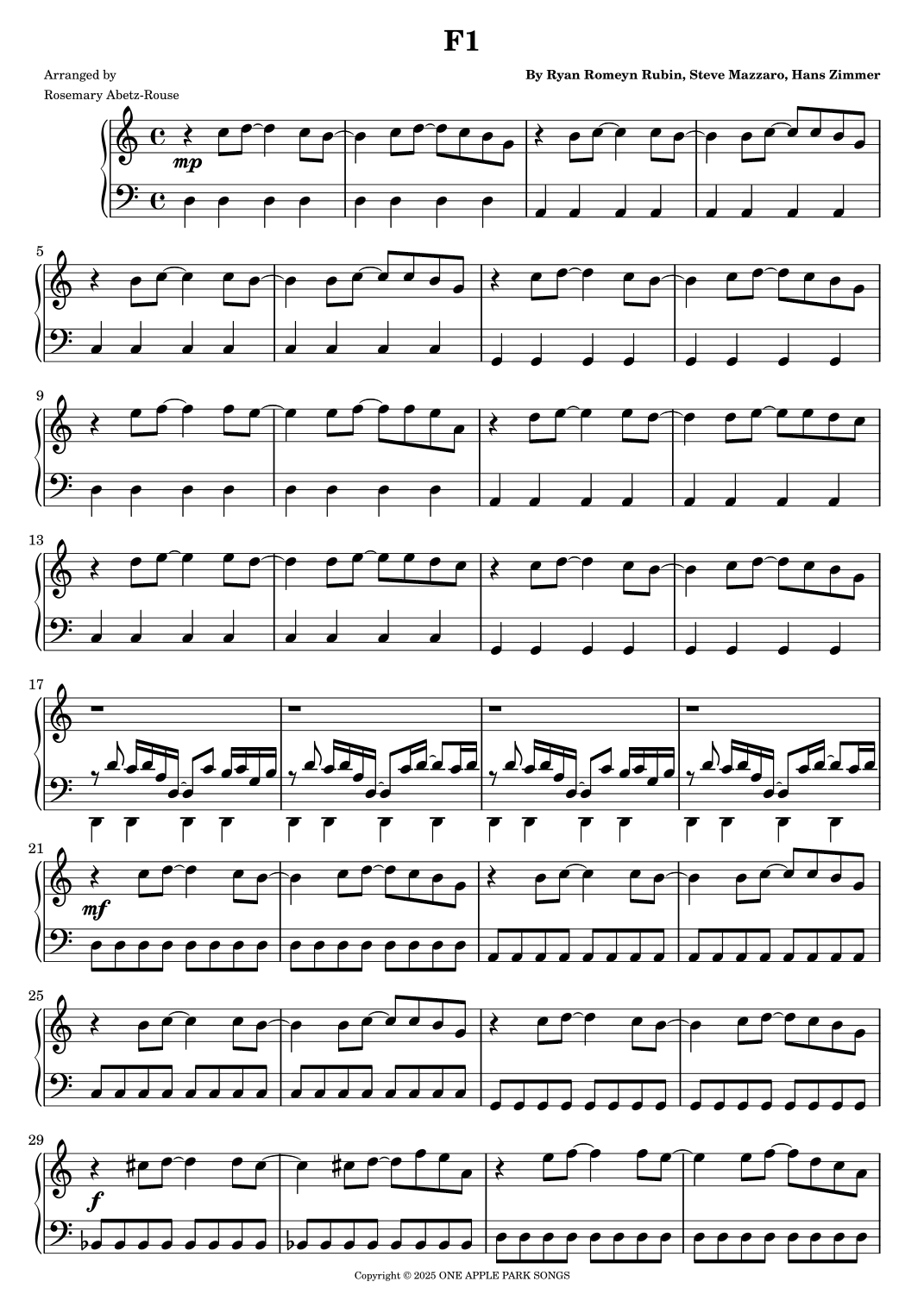 F1 (arr. Rosemary Abetz-Rouse) by Hans Zimmer Sheet Music for Easy ...