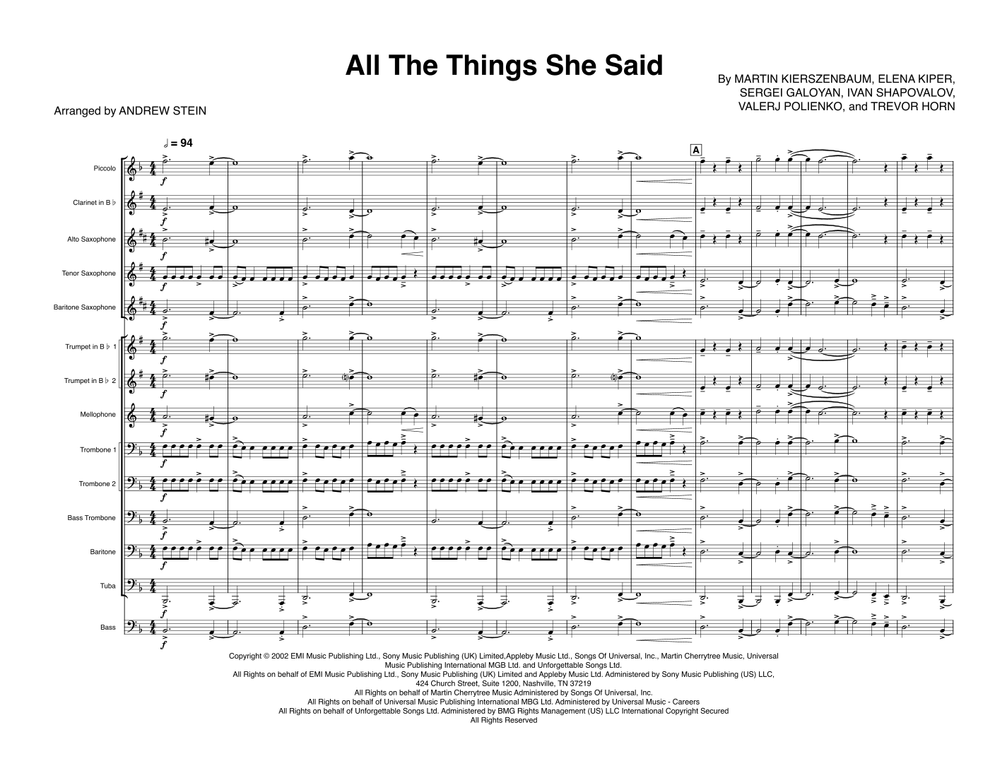 All The Things She Said (arr. Andrew Stein) by Tatu Sheet Music for ...